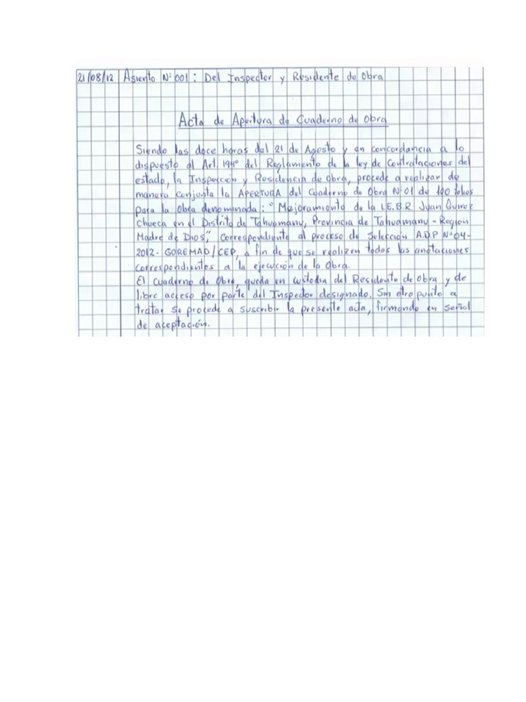 Apertura de Cuaderno de Obra, Ejemplo. | PDF