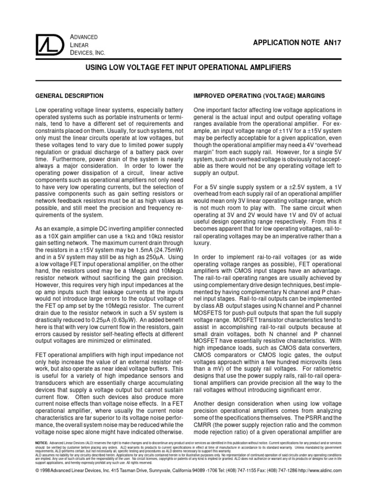 AN17 - Using Low Voltage Fet Input Operational Amplifiers - Advance Linear Devices | Download ...