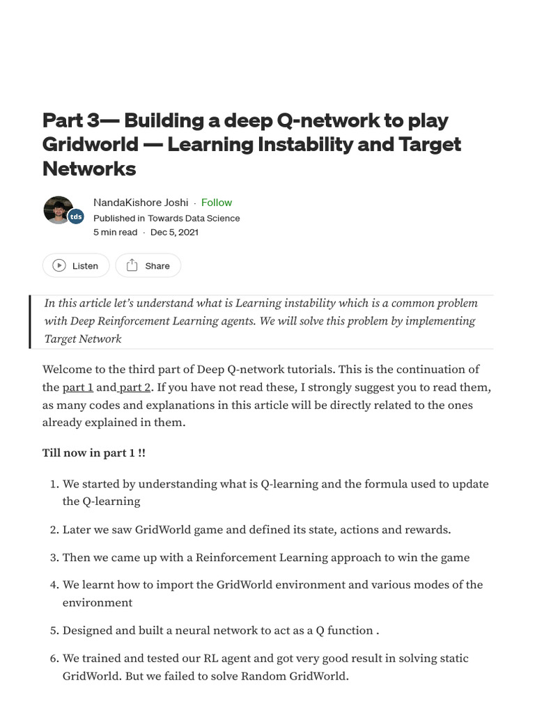 Part 3 - Building A Deep Q-Network To Play Gridworld - Learning Instability and Target Networks ...