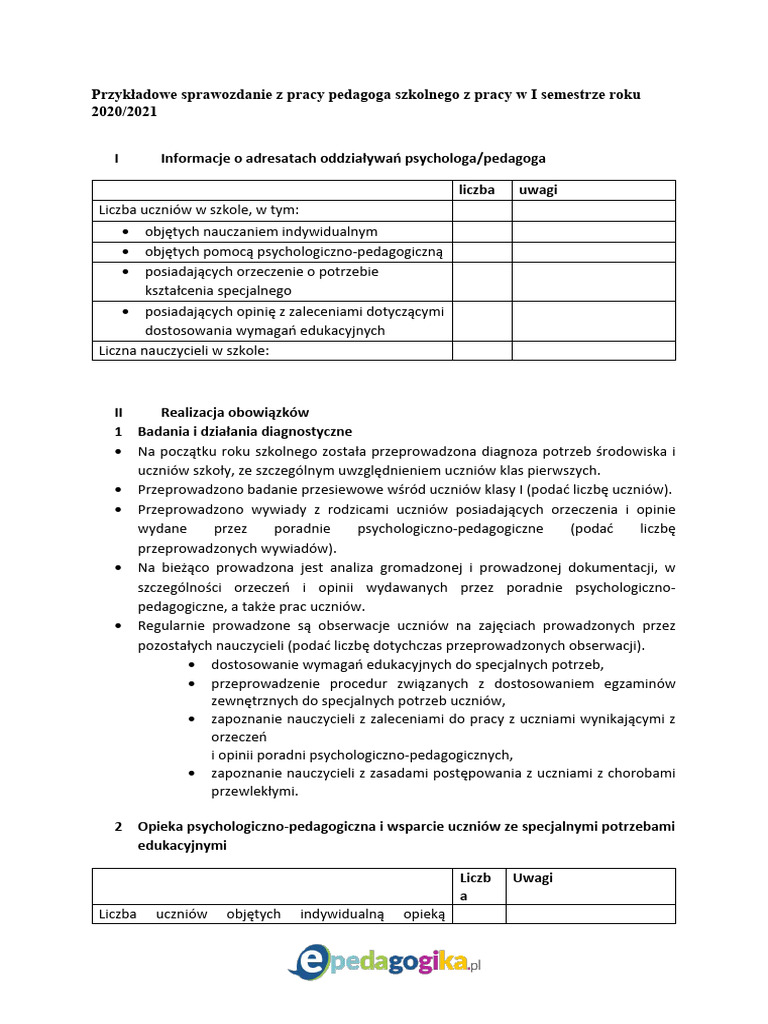 Przykladowe Sprawozdanie Z Pracy Pedagoga Szkolnego Z Pracy W I Semestrze Roku 20202021 | PDF