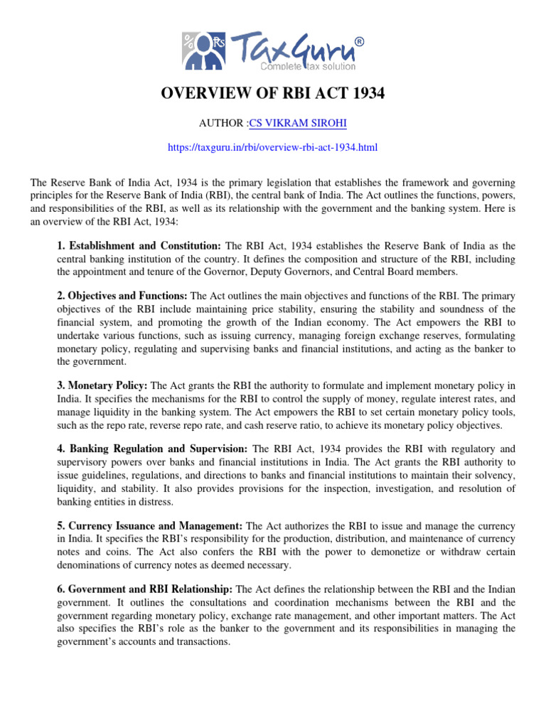 Overview of RBI Act 1934 | PDF | Reserve Bank Of India | Central Banks