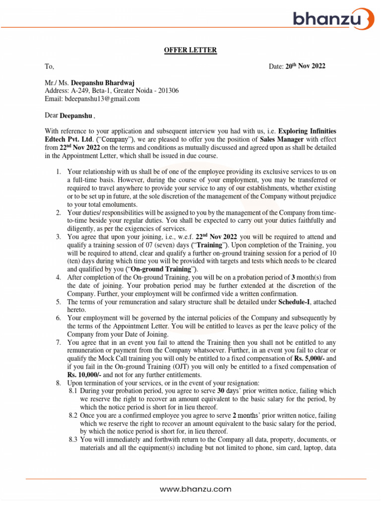 Deepanshu Bhardwaj - Offer Letter | PDF | Arbitration | Government