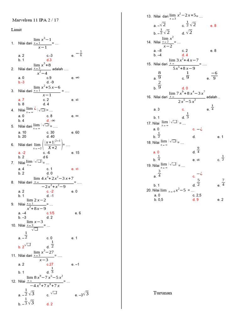 Soal Limit dan Turunan Matematika | PDF