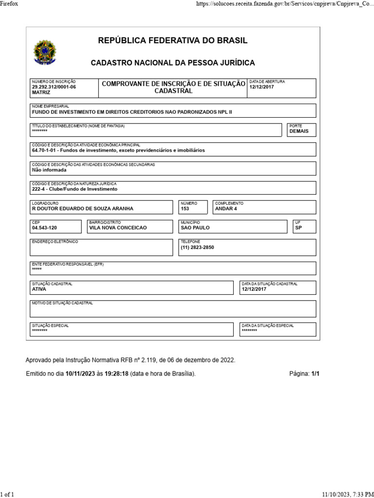 Comprovante CNPJ Fundo NPL II SP | PDF | Brasil