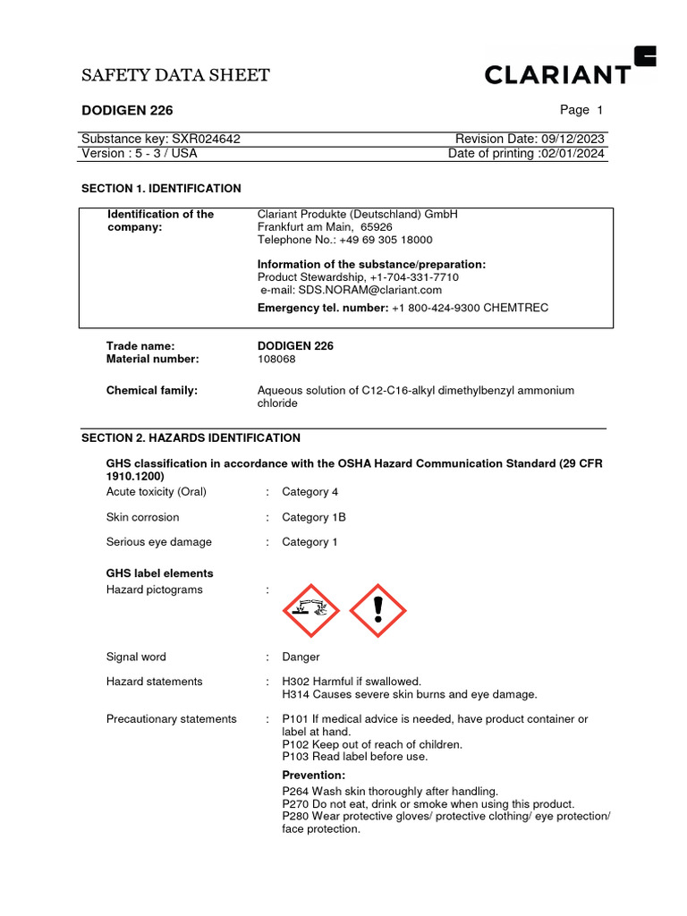 Clariant SDS DODIGEN 226 USA English | Download Free PDF | Toxicity | Firefighting