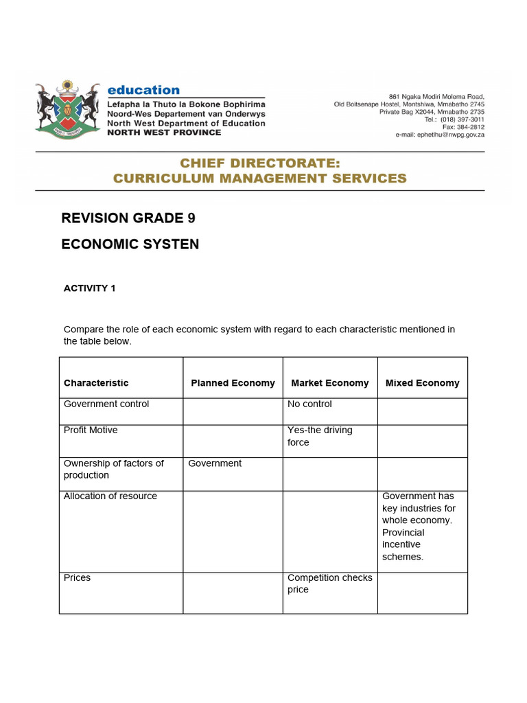 Economic Systems Overview for Grade 9 | PDF | Economic System | Market ...