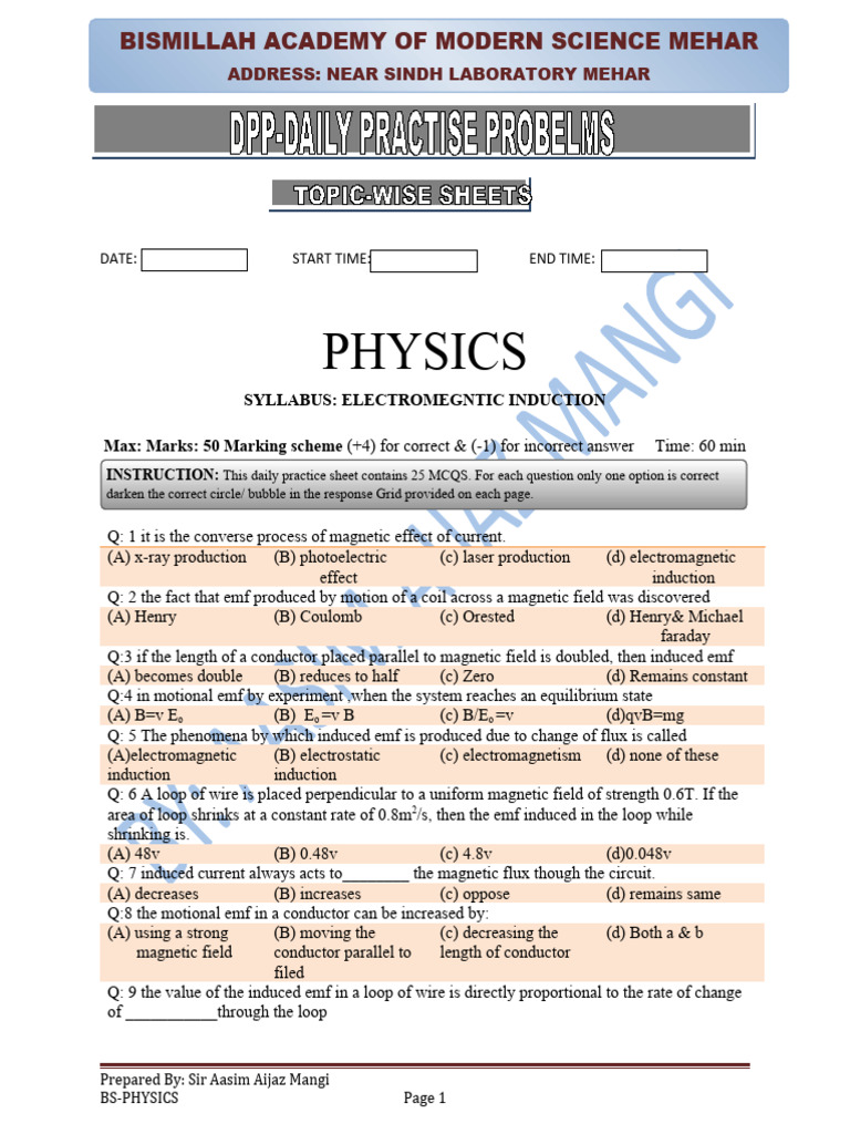 DPP-1 Electromegnetic Induction | PDF | Electromagnetic Induction | Magnetic Field