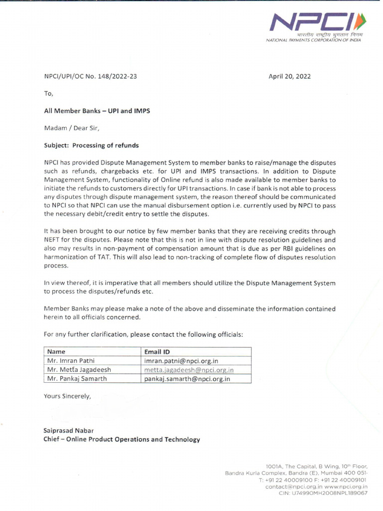 UPI OC 148 Processing of Refunds | PDF UPI OC 148 Processing of Refunds | PDF