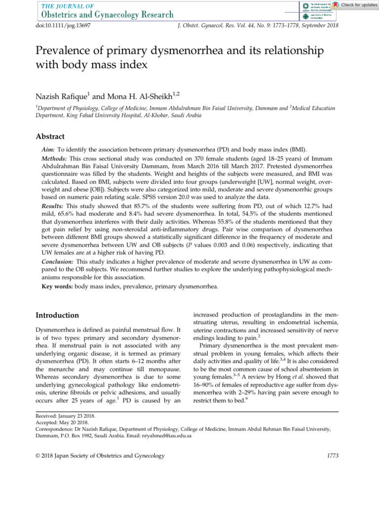 Prevalence of Primary Dysmenorrhea and Its Relationship With Body Mass ...