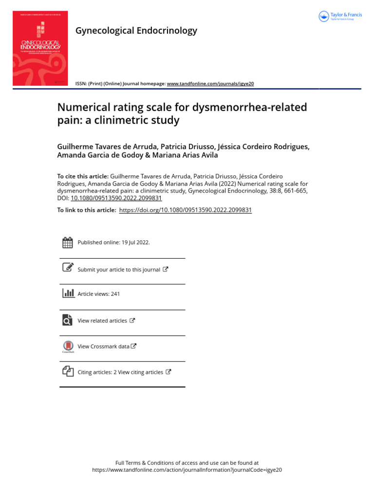 Numerical Rating Scale For Dysmenorrhea-Related Pain: A Clinimetric ...