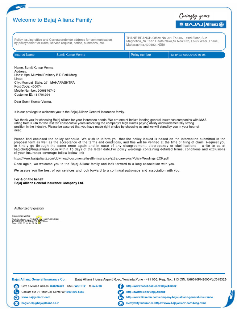 Bajaj Allianz Extra Care Plus Policy Details | PDF | Finance & Money ...