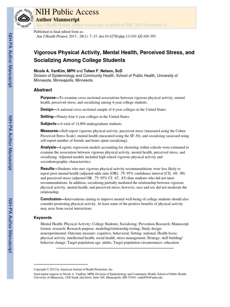Vigorous Physical Activity, Mental Health, Perceived Stress, and ...