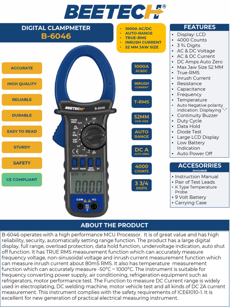 Digital Clamp Meter B-6046 Features | PDF | Technology & Engineering
