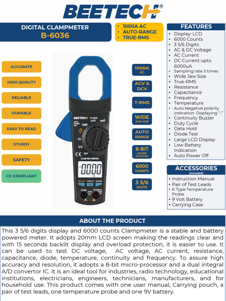 Beetech B-6036 Ac TRMS Clampmeter | PDF | Power Supply | Alternating Current
