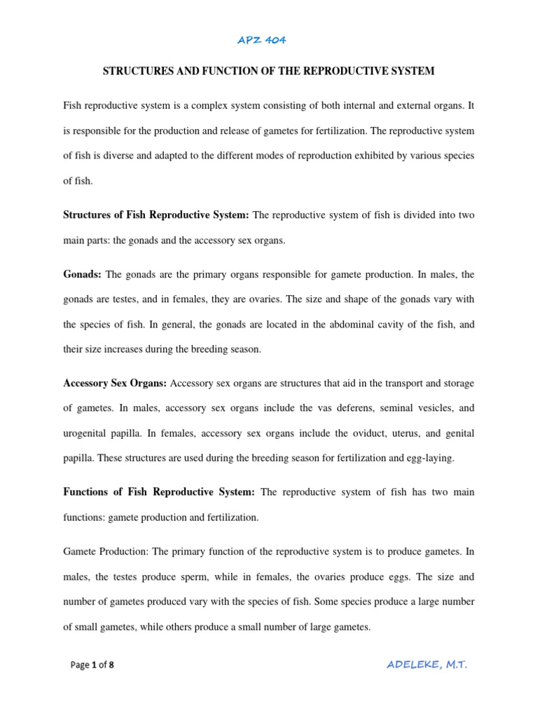 Structures and Function of Fish Reproductive System | PDF ...