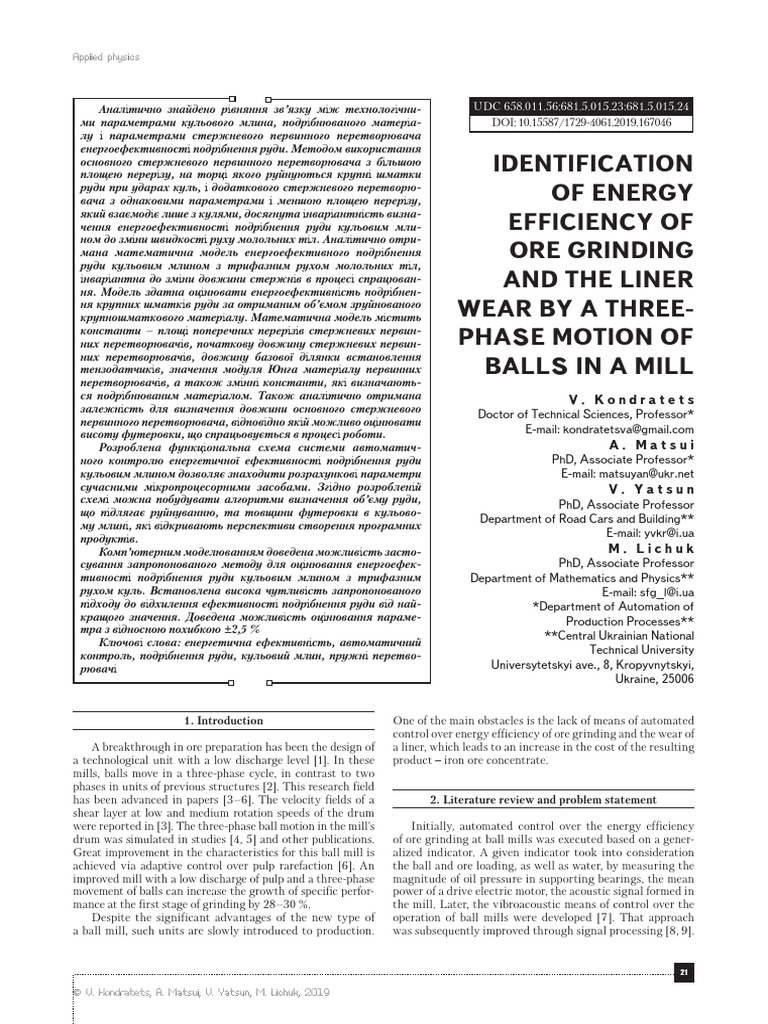 Identification of Energy Efficiency of Ore Grinding and The Liner Wear ...