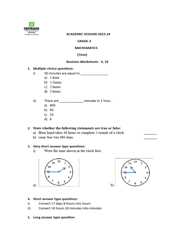 Grade 3 Time Mathematics Revision | PDF