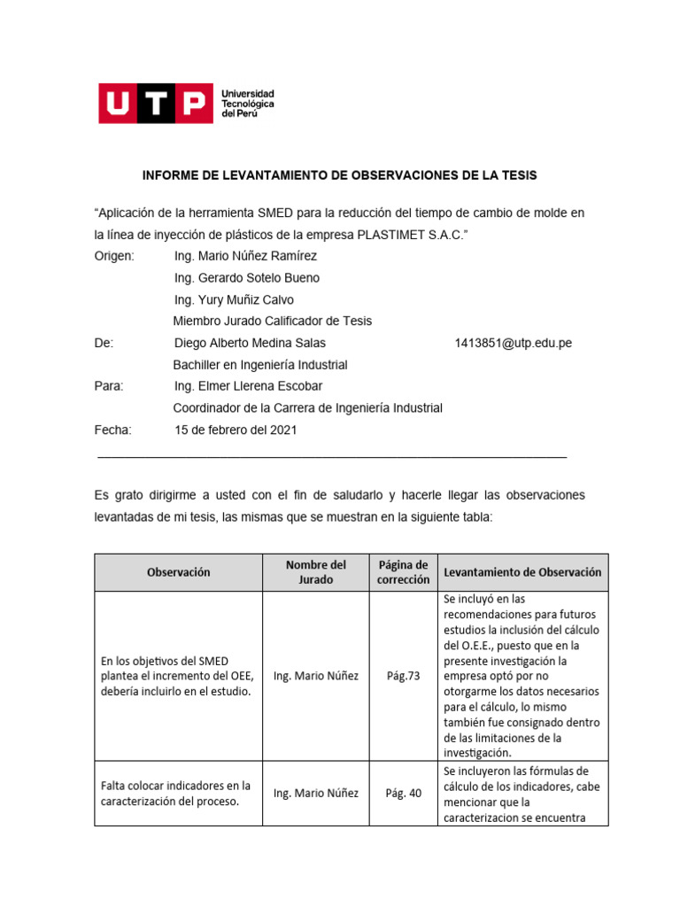 Informe de Levantamiento de Observaciones - Diego Medina Salas | PDF | Business | Economias