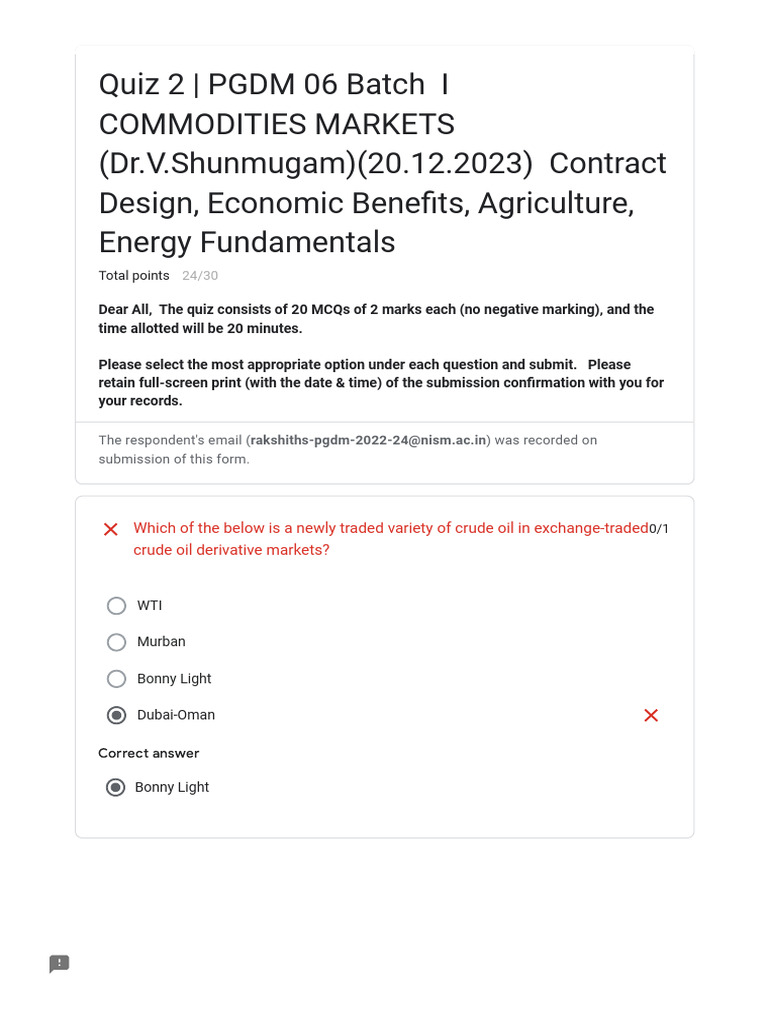 Quiz 2 - PGDM 06 Batch I COMMODITIES MARKETS (Dr.v.shunmugam) (20.12.2023) Contract Design ...