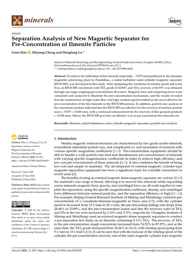 Separation Analysis of New Magnetic Separator For Pre-Concentration of Ilmenite Particles | PDF ...