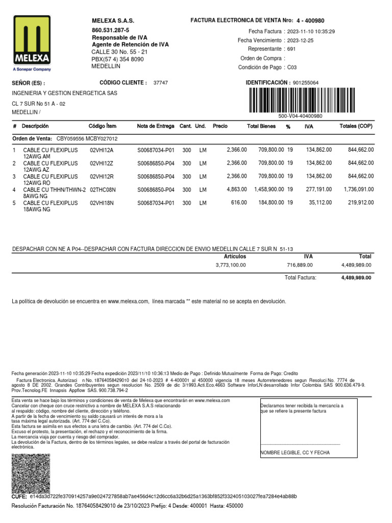 PBX (57 4) 354 8090 CALLE 30 No. 55 - 21: Melexa S.A.S. 4 - 400980 860. ...