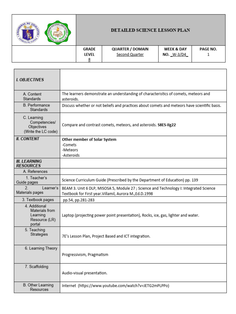 7es Lesson Plan - Educ8a Comets Meteors and Asteroids With Rubrics | PDF