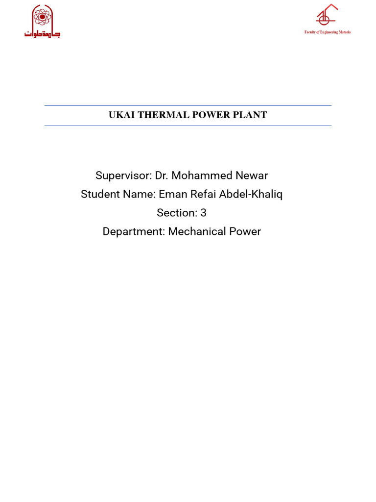 Ukai Thermal Power Plant-Eman Refai Abdelkhaliq-Sec 3 | PDF | Boiler | Fossil Fuel Power Station
