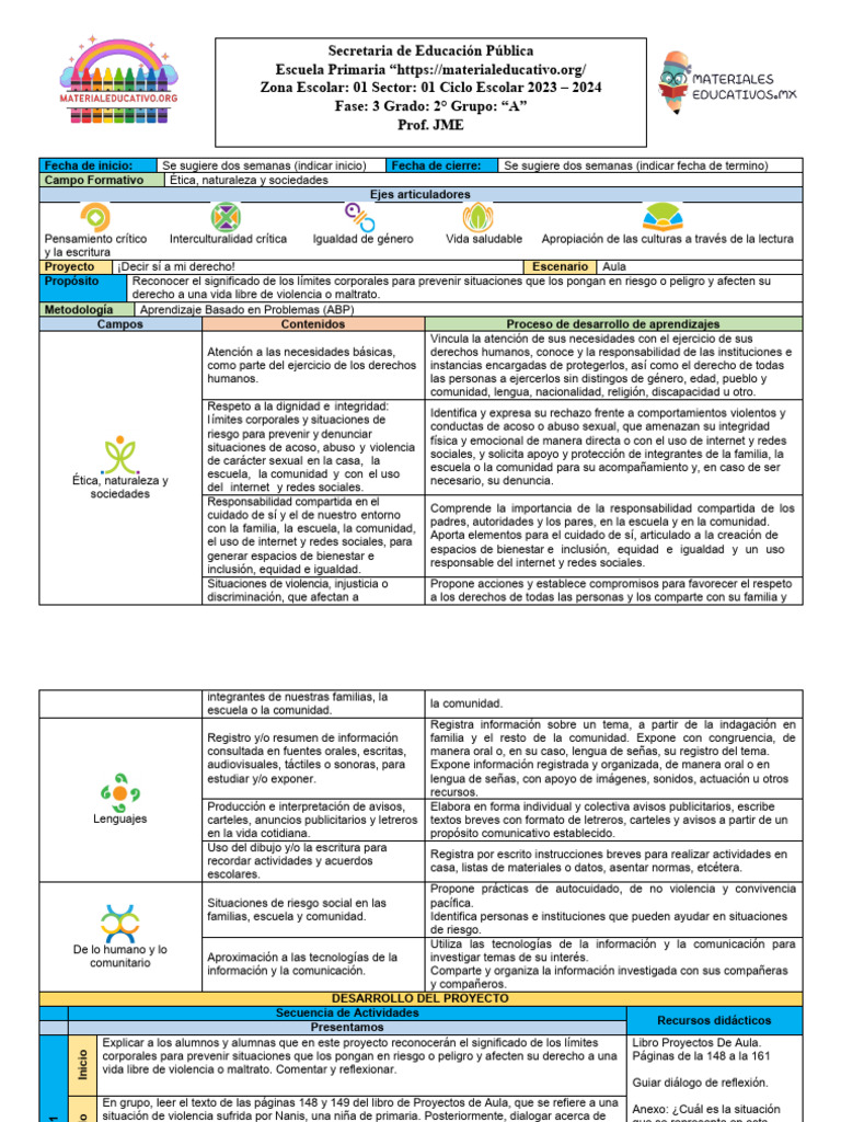 Planeación 2dogrado Proyecto Decir Sí A Mi Derecho | PDF | Violencia ...