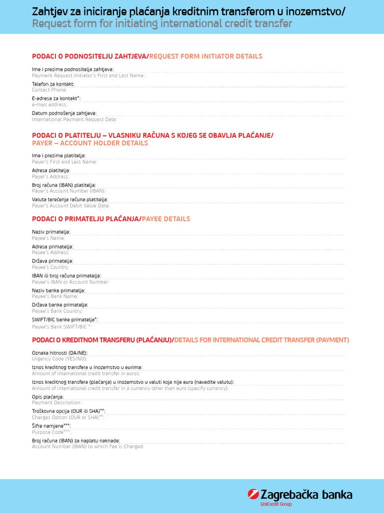 Zahtjev Za Iniciranje Placanja Kreditnim Transferom U Inozemstvo 2020 | PDF