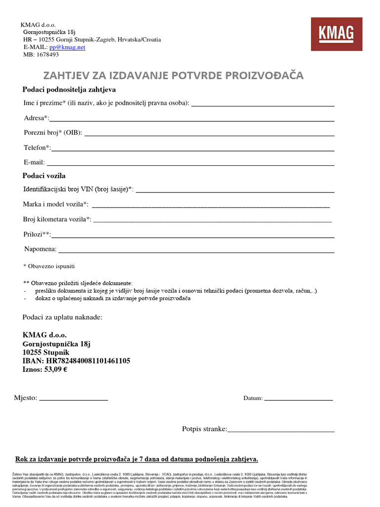 Zahtjev Za Izdavanje Potvrde Proizvođača 2023 | PDF
