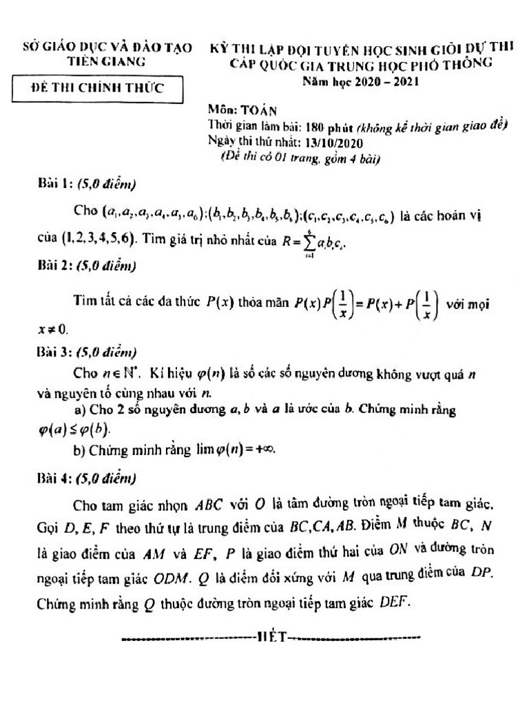 De Chon Doi Tuyen Thi HSG Toan Quoc Gia Nam 2020 2021 So GDDT Tien Giang | PDF
