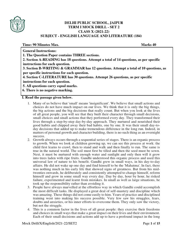 Class X - Term 1 Mock QP Set 2 (21-22) | PDF