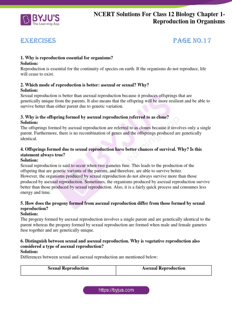 NCERT Solutions Class 12 Chapter 1 Reproduction in Organisms | PDF | Reproduction | Ploidy