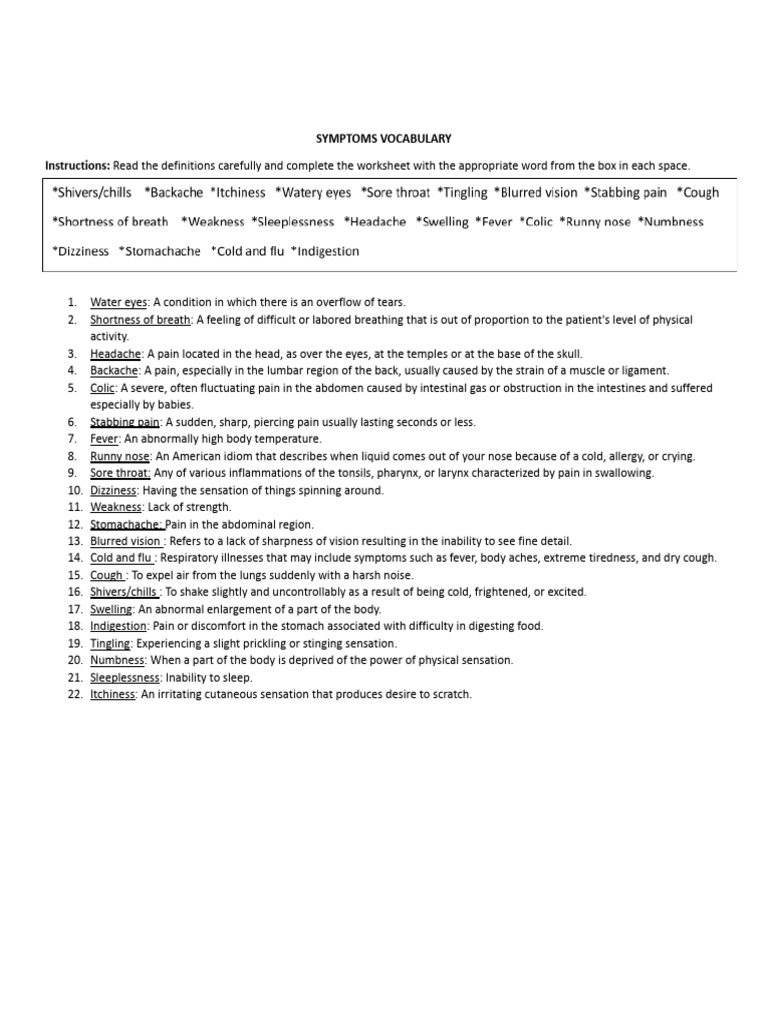 Symptoms Vocabulary | PDF