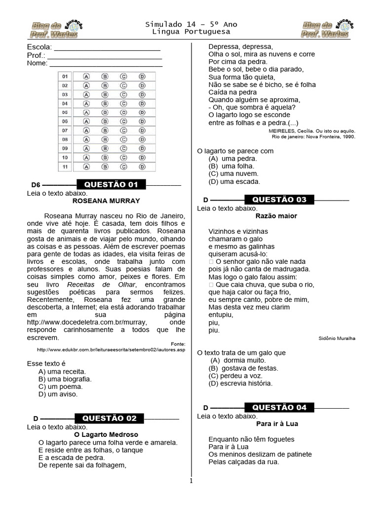 Simulado 14 (Port. 5º Ano - Blog Do Prof. Warles) | PDF