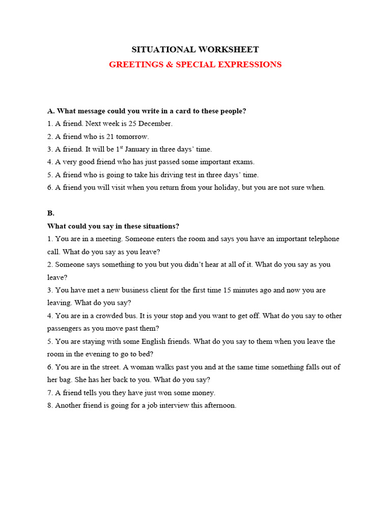 0 Situational Worksheet Greetings Special Expressions | PDF