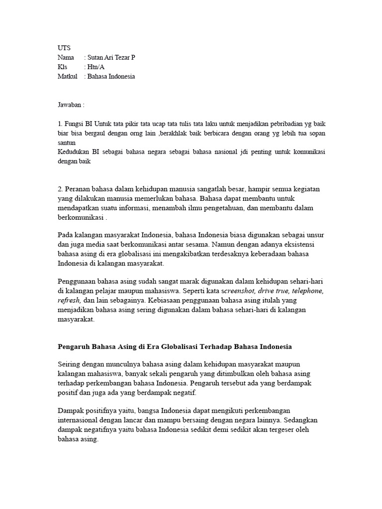 Sutan Ari Tezar - 1821020502 - Uts Bahasa Indonesia | PDF