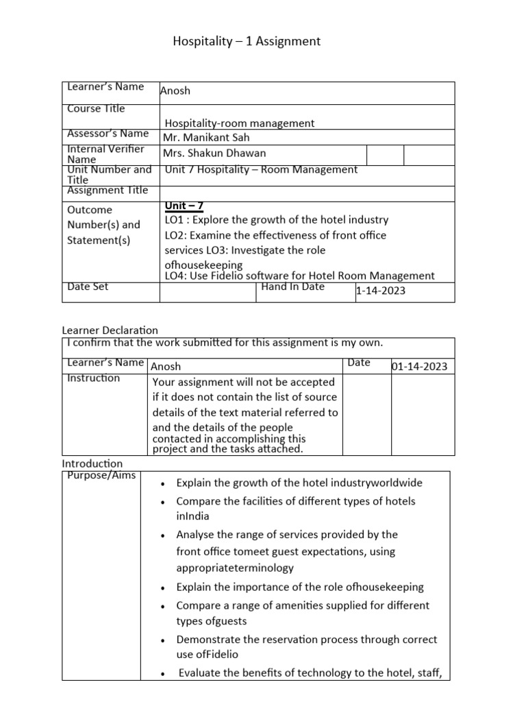 Hospitality-1 Assignments Written | PDF