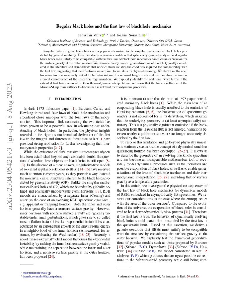 Regular Black Holes and The First Law of Black Hole Mechanics | PDF ...