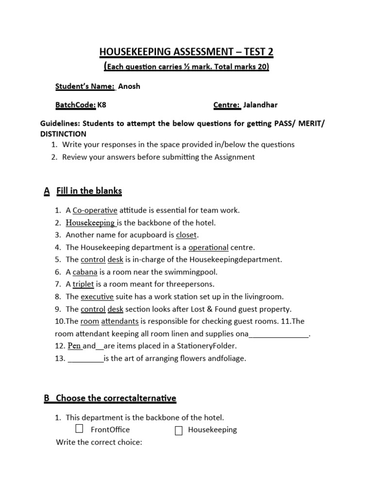 Housekeeping Assessment Test | PDF