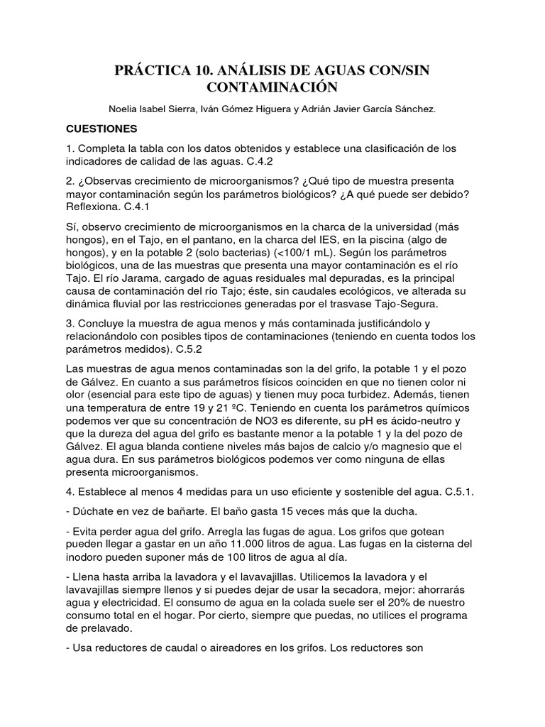 Prã Ctica 10. Anã Lisis de Aguas Con Sin Contaminaciã N Alumnos | PDF