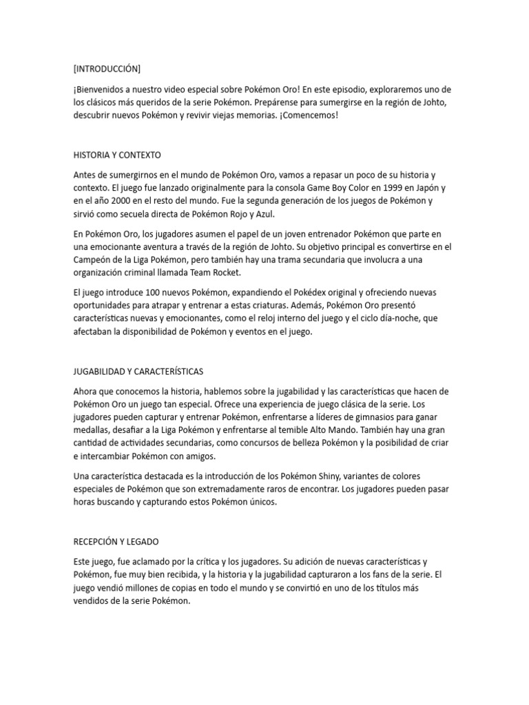Pokémon Oro: Historia y Legado | PDF | Pokémon | Videojuegos