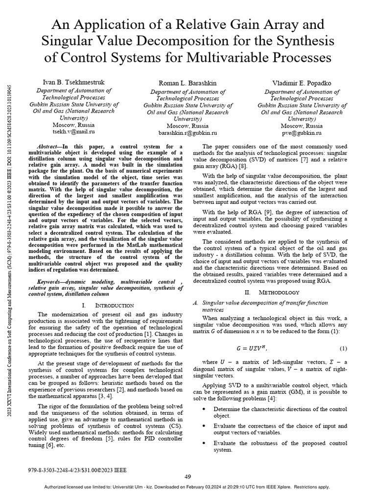An Application Of A Relative Gain Array And Singular Value Decomposition For The Synthesis Of