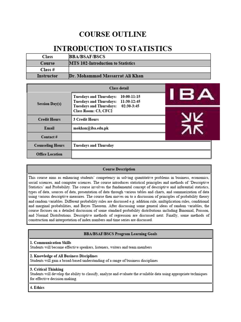 Course Outline MTS 102 - Introduction To Statistics Fall 2023 DR M ...