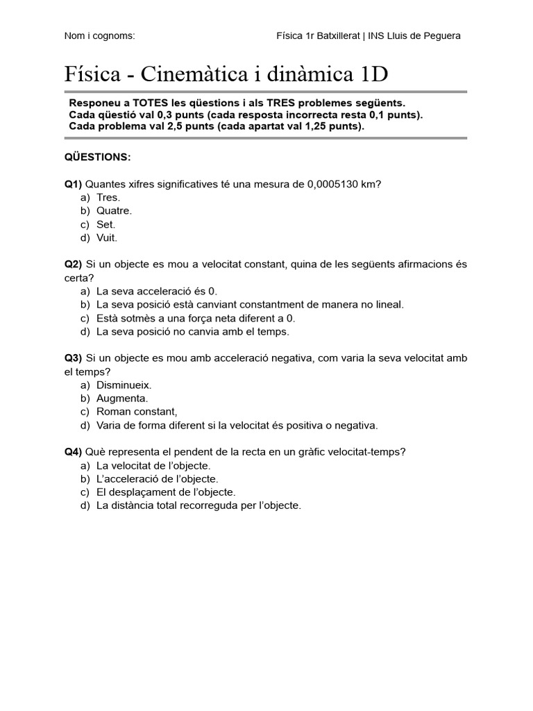 Examen Prova Cinemàtica I Dinàmica 1D-2 | PDF