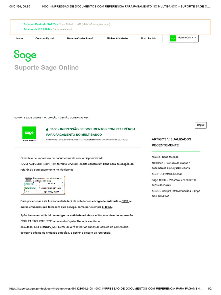 100C - Impressão de Documentos Com Referência para Pagamento No Multibanco - Suporte Sage Online ...