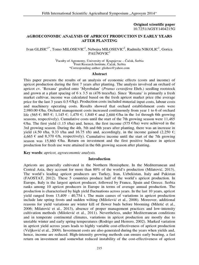 Agroeconomic Analysis of Apricot Production in Early Years After Planting | PDF | Apricot ...