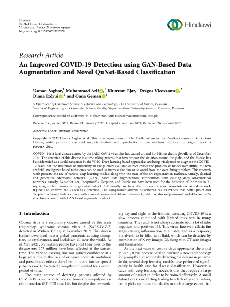 Research Article An Improved Covid-19 Detection Using Gan-Based Data Augmentation and Novel ...