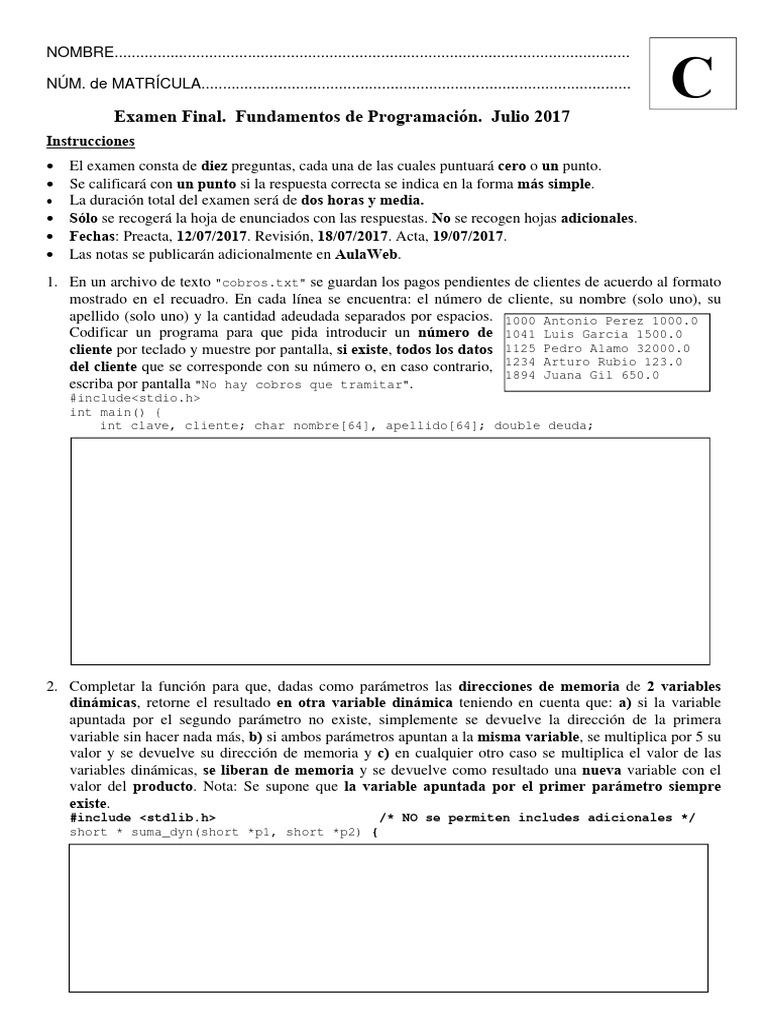 Examen Final Fundamentos de Programación | PDF | Función (Matemáticas ...