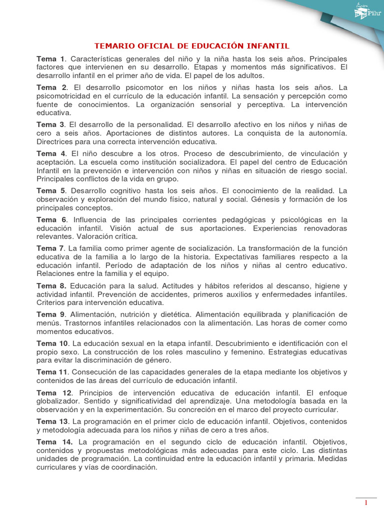 Temario Educacion Infantil (1) | PDF | Educación de la primera infancia | Plan de estudios